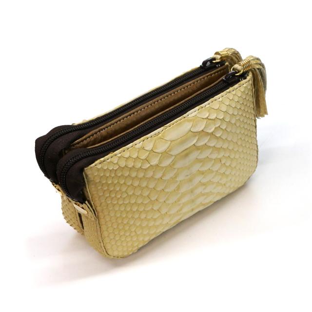 ダブルファスナーポーチ タッセル付き ポーチ 化粧ポーチ 本革 へび 蛇 ヘビ ダイヤモンドパイソン ゼブラ ゴールド