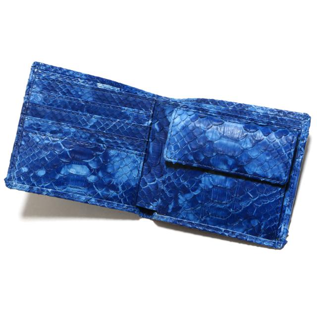 パイソン 財布 二つ折り財布 小銭入れあり / 本革 ヘビ革 へび革 パイソン革 ダイヤモンドパイソン / 群雲藍染め