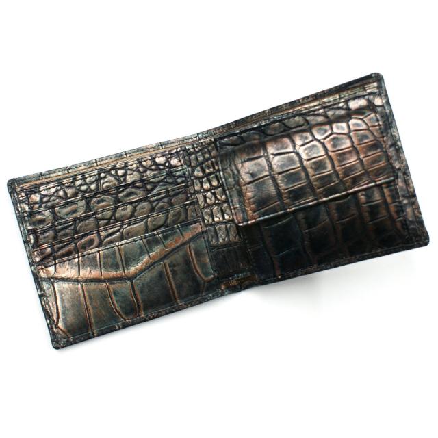 財布 二つ折り財布 折り財布 革財布 札入れ 本革財布 クロコダイル革 財布 鰐 クロコ ボックス型 小銭入れ付 カード収納 ラグジュアリー レトロ