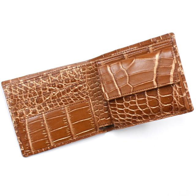 二つ折り財布 クロコダイル革 財布 鰐 クロコ 鰐革 財布 折り財布 レディース財布 メンズ財布 小銭入れ付 送料無料 ブラウン ゴールド