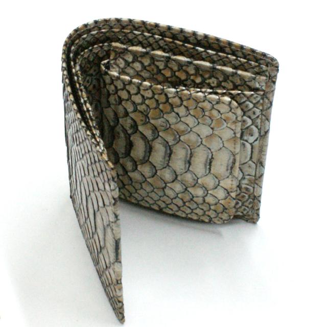パイソン 財布 二つ折り財布 折り財布 / ボックス型 小銭入れ付 カード収納 / レディース財布 メンズ財布 / 革 へび ヘビ 蛇 日本製 / ダイヤモンドパイソン ラスター ベージュ