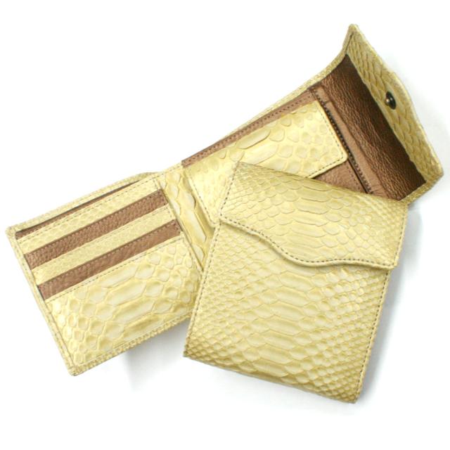 パイソン 財布 二つ折り財布 折り財布 革財布 札入れ 本革財布 蛇 ヘビ 革 牛革 かぶせホック付き 小銭入れ有り カード収納 日本製 金 ゼブラ ゴールド