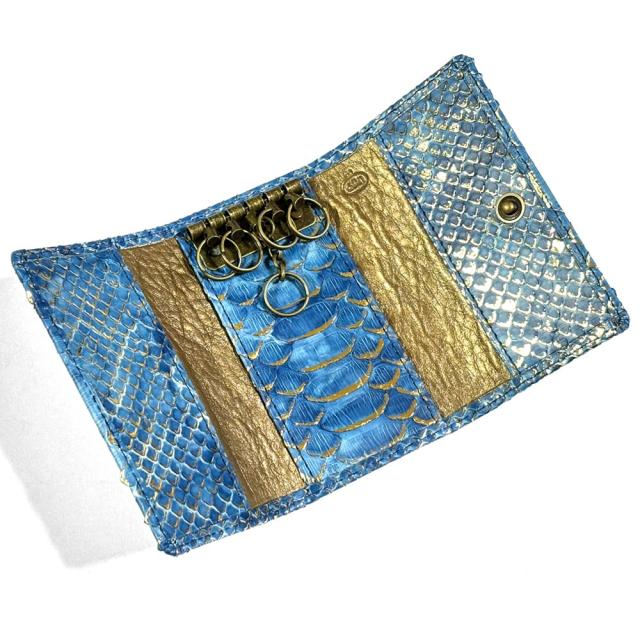 キーケース 5連 三つ折り メンズ レディース 本革 パイソン リーフ 群雲
