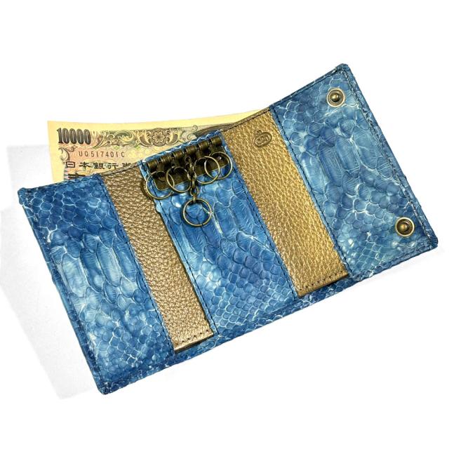 キーケース 札入れ付き 5連 三つ折り メンズ レディース 本革 パイソン 群雲