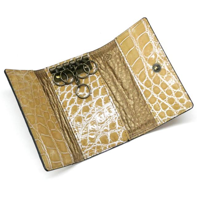 キーケース 本革 キーホルダー クロコダイル革 ワニ革 レザー 5連金具 キーケース メンズ レディース ギフト プレゼント 艶 グレージング ベージュ