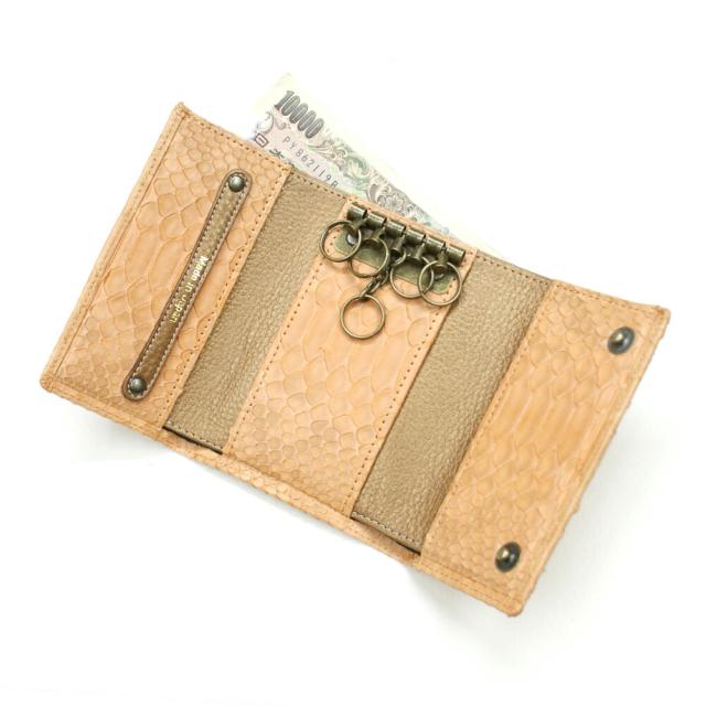 キーケース キーホルダー 5連金具 札入れ カード入れ  パイソン革 蛇革 ダイヤモンドパイソン革 限定 ハーフブリーチ オレンジ