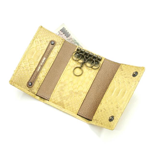 キーケース キーホルダー 5連金具 札入れ カード入れ  パイソン革 蛇革 ダイヤモンドパイソン革 限定ハーフブリーチ イエロー