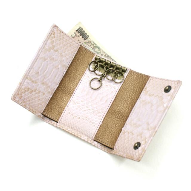 キーケース 札入れ カード入れ キーホルダー 5連金具 蛇革 パイソン革 本革 レザー小物 日本製 レディース ギフト プレゼント ハーフブリーチ ピンク