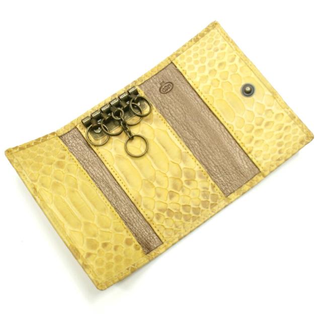 キーケース 本革 キーホルダー パイソン革 蛇革 へび革 レザー 5連金具 キーケース メンズ レディース ギフト プレゼント ハーフブリーチ イエロー