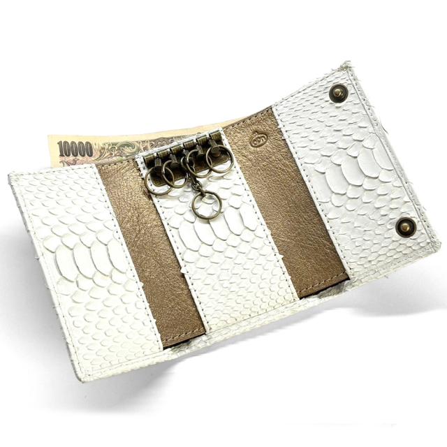 キーケース 札入れ付き 5連 三つ折り メンズ レディース 本革 パイソン ホワイト