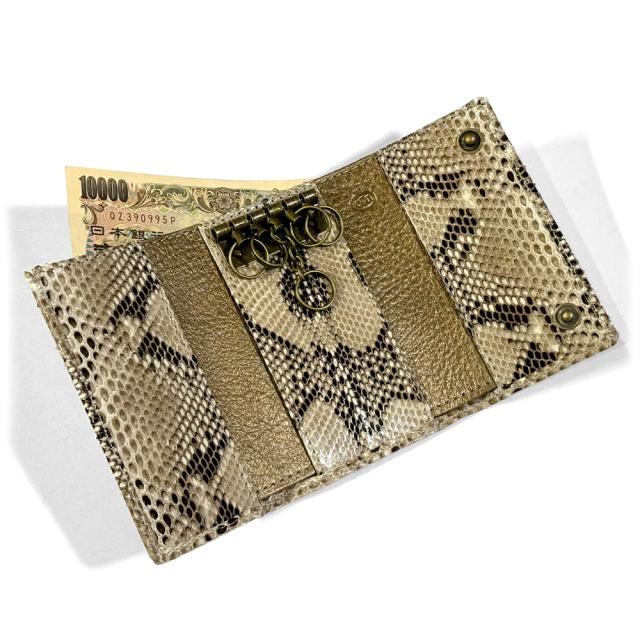 キーケース 札入れ付き 5連 三つ折り メンズ レディース 本革 パイソン グレージング ナチュラル