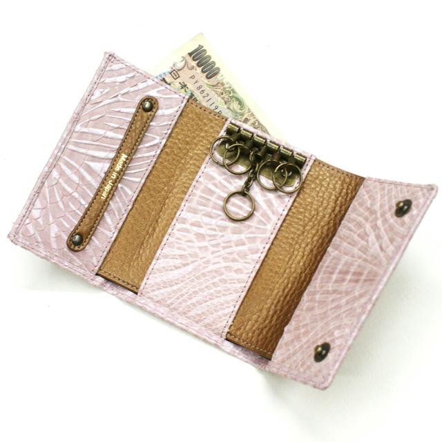 キーケース キーホルダー 5連金具 札入れ カード入れ  パイソン革 蛇革 ダイヤモンドパイソン革 限定ウェーブ ピンク