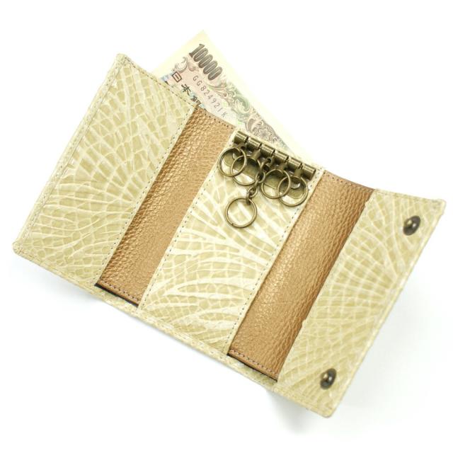 キーケース 札入れ カード入れ キーホルダー 5連金具 蛇革 パイソン革 本革 レザー小物 日本製 メンズ レディース ギフト プレゼント日本製 ウェーブ ベージュ