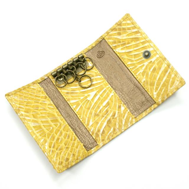 キーケース 本革 キーホルダー パイソン革 蛇革 へび革 レザー 5連金具 キーケース メンズ レディース ギフト プレゼント 日本製 ウェーブ イエロー