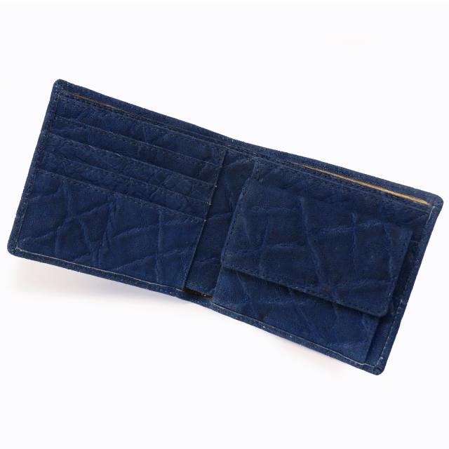 財布 二つ折り財布 小銭入れあり 本革 ゾウ革 ぞう革 象革 エレファントレザー 藍染