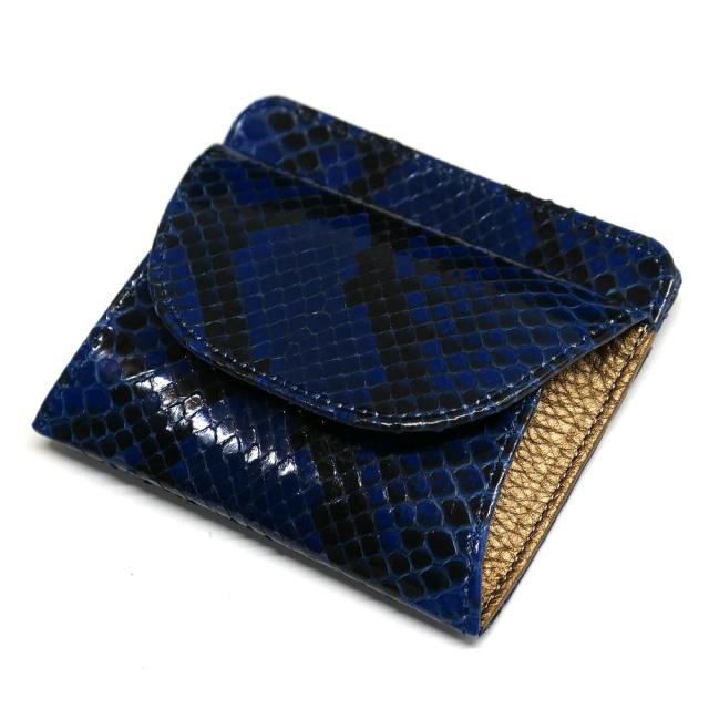 パイソン 蛇革 ヘビ革 本革 財布 札入れ 封筒型 ボックス小銭入れ付 グレージング 藍染 ２