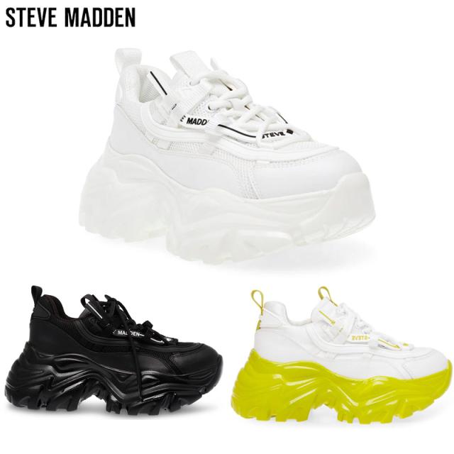 ヒール7.0cm スティーブマデン レディース 厚底ボリュームスニーカー 靴 シューズ ダッドシューズ シューレース ボリュームスニーカー ホワイト 白 ブラック 黒 イエロー 黄色 送料無料 STEVE MADDEN RECOUPE
