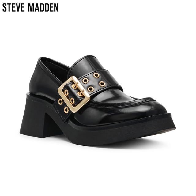 ヒール7cm スティーブマデン レディース ビッグバックルデザインローファー ローファー 靴 シューズ ボリュームソール ゴールド 安定感 ブラック 黒 送料無料 STEVE MADDEN BRIDGETON-VA