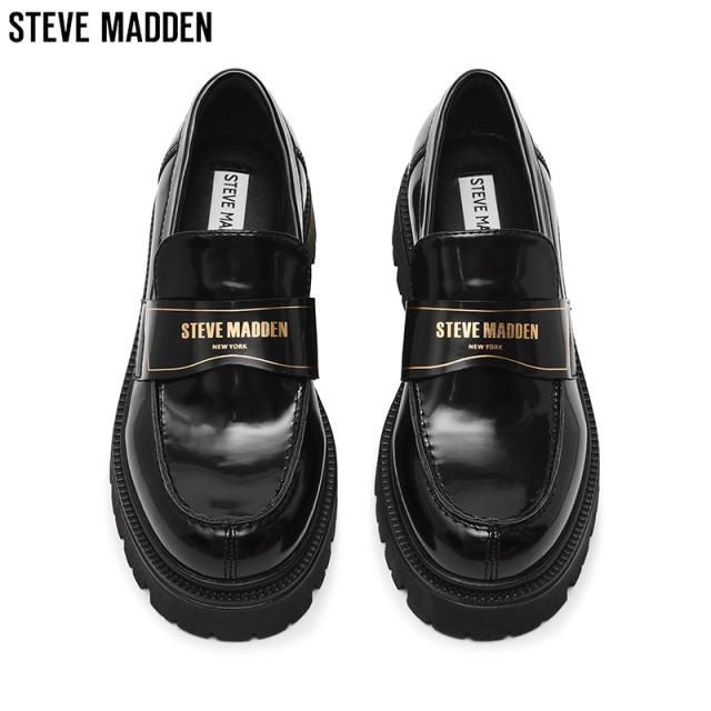ヒール4..5cm スティーブマデン レディース ロゴベルト厚底ローファー ローファー 靴 シューズ スタイルアップ ワイドバンド クラシカル ブラック 黒 送料無料 STEVE MADDEN FILE-AWAY-VA