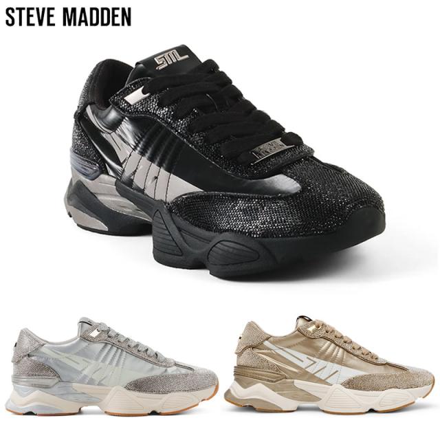 ヒール3.5cm スティーブマデン レディース ラインストーンスニーカー 靴 シューズ カジュアル おしゃれ スニーカー ブラック 黒 シルバー 送料無料 STEVE MADDEN SETBACK-R-VA