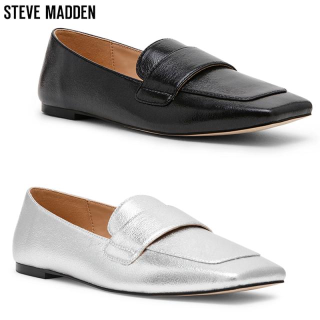 ヒール1cm スティーブマデン レディース スクエアトゥフラットローファー ローファー 靴 シューズ オフィス メタリック シンプル おしゃれ ミニマル ブラック 黒 シルバー 送料無料 STEVE MADDEN MONARC-VA