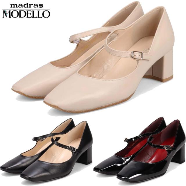モデロ レディース パンプス 靴 シューズ オフィス 仕事 スクエアトゥ ストラップパンプス 太めヒール 履き心地 長時間歩行 美脚 ブラック 黒 ベージュ 送料無料 MODELLO DML3602