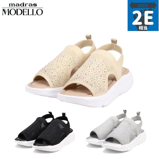 2E モデロ レディース モデロ MODELLO ラインストーンが華やかなニットサンダル サンダル 靴 シューズ コンフォート 透かし編み 夏 サマー おしゃれ ブラック 黒 グレー ベージュ 灰色 送料無料 MODELLO DML6055