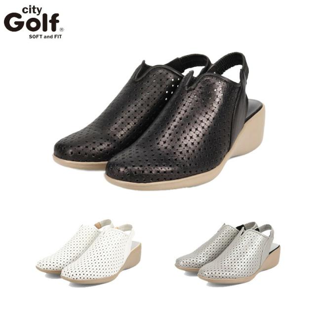 4E 幅広 ワイド ゴルフ レディース 好評を頂いている定番ラスト使用 ウエッジヒール・バックストラップパンプス サンダル 靴 シューズ コンフォート ホワイト 白 ブラック 黒 シルバー 送料無料 GOLF GFL5299