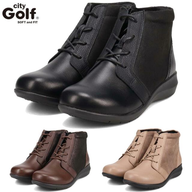 4E 幅広 ワイド ゴルフ レディース 撥水仕様】シティ ゴルフ City Golf 軽量カジュアルショートブーツ ブーツ 靴 シューズ ショート おしゃれ ジッパー ブラック 黒 ブラウン 茶色 送料無料 GOLF GFL1526