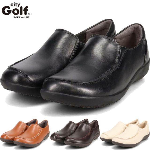 3E 幅広 ワイド ゴルフ レディース シティ ゴルフ City Golf オブリークラスト スリッポンカジュアルシューズ 靴 シューズ カジュアル おしゃれ 万能 ホワイト 白 ブラック 黒 ブラウン 茶色 送料無料 GOLF GFL20142