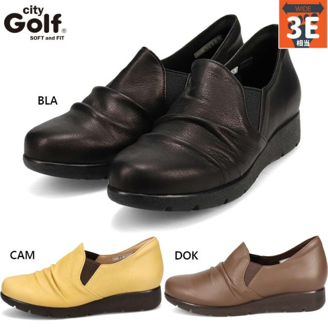 3E 幅広 ワイド ゴルフ レディース シティゴルフ スリップオン カジュアルシューズ 靴 シューズ おしゃれ シンプル ベーシック 牛革 本革 婦人靴 ブラック 黒 ブラウン 茶色 送料無料 GOLF GFL5261A