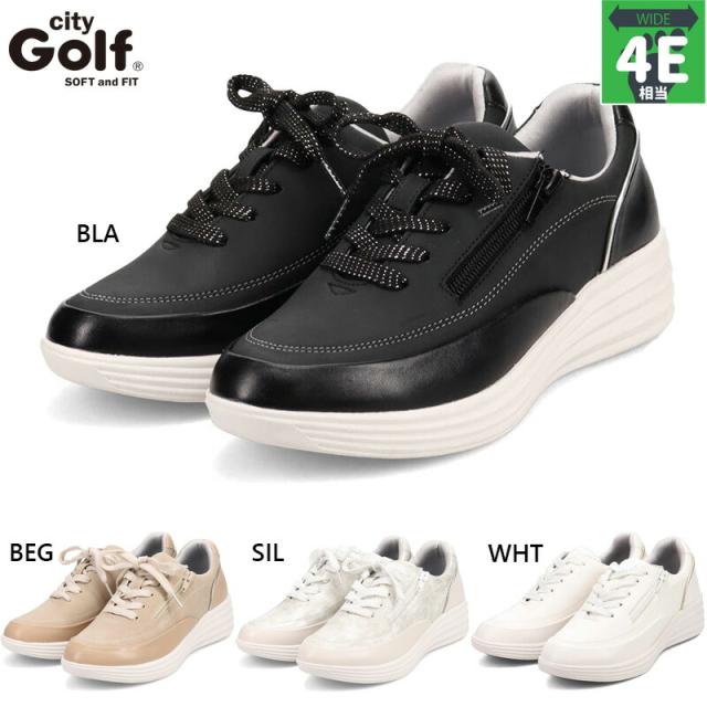 4E 幅広 ワイド ゴルフ レディース シティゴルフ ゴルフトラベラー 晴雨兼用 コンフォートスニーカー 靴 シューズ 防水 撥水 軽量 ファスナー付き ホワイト 白 ブラック 黒 ベージュ シルバー 送料無料 GOLF GFL2102V