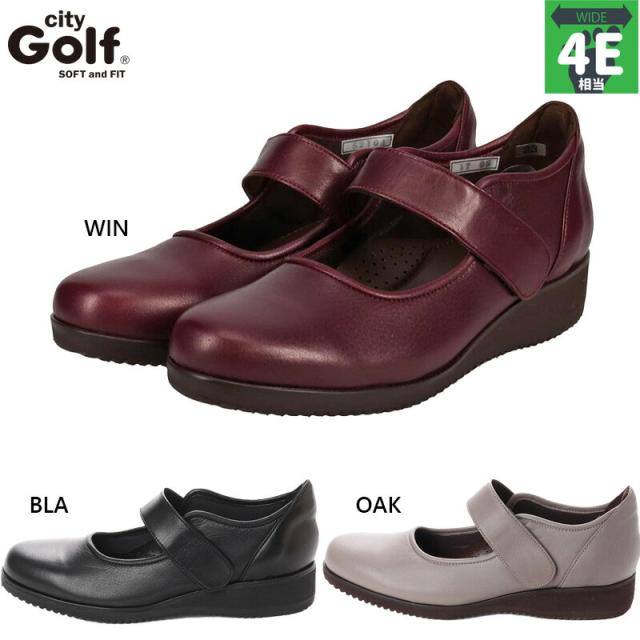 4E 幅広 ワイド ゴルフ レディース シティゴルフ 甲ベルト フラットパンプス 靴 シューズ オフィス 仕事 カジュアル シンプル ストラップ 歩きやすい ブラック 黒 送料無料 GOLF GFL5210A