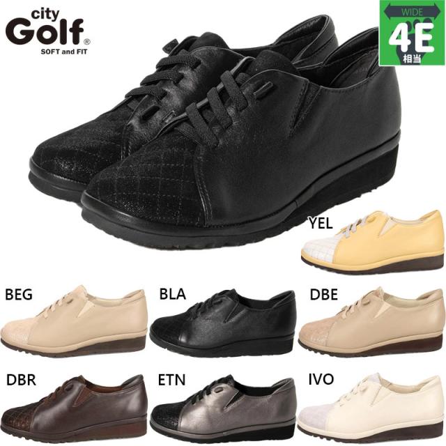 4E 幅広 ワイド ゴルフ レディース シティゴルフ 靴 シューズ カジュアル おしゃれ シンプル サイドゴア ゴム紐 履きやすい 歩きやすい 本革 婦人靴 ホワイト 白 ブラック 黒 ブラウン イエロー ベージュ 送料無料 GOLF GFL20105