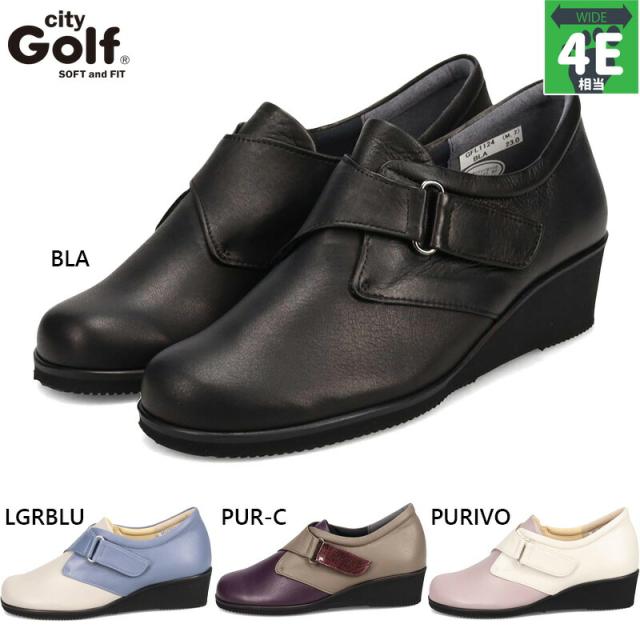 4E 幅広 ワイド ゴルフ レディース シティゴルフ スリップオン 靴 シューズ カジュアル おしゃれ シンプル マジックテープ ベルクロ 軽量 軽い ブラック 黒 グレー パープル 灰色 紫 送料無料 GOLF GFL1124