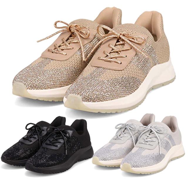 モデロ レディース Quick Fitタイプ カジュアルニットスニーカー スニーカー 靴 シューズ 脱ぎ履き簡単 キラキラ ラインストーン 紐靴 ウォーキング ブラック 黒 グレー ベージュ 灰色 送料無料 MODELLO DML8817