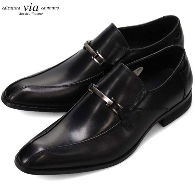 3E相当 幅広 ワイド ヴィアカミーノ メンズ via cammino 甲ベルトスリッポンドレスシューズ ビジネス 靴 シューズ 本革 キップ カジュアル ブラック 黒 送料無料 via cammino VC2507