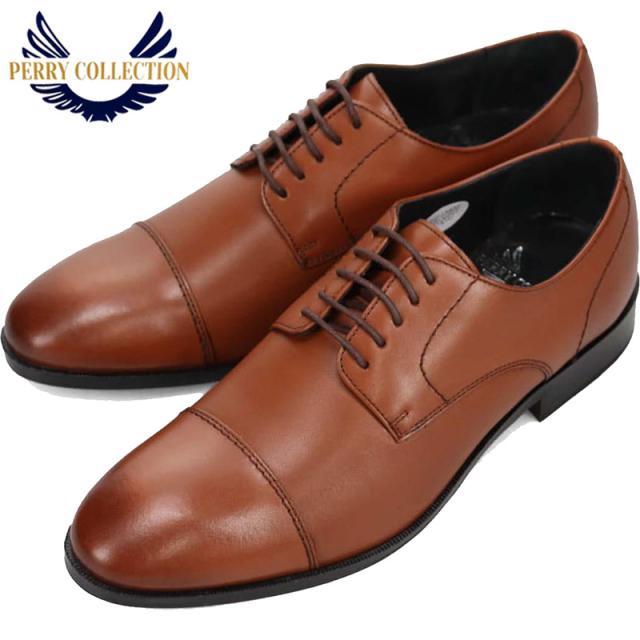 ３E 幅広 ワイド ペリーコレクション メンズ 外羽根ストラップビジネスシューズ 靴 シューズ 紳士靴 カジュアル ソフトレザー 牛革 ストレートチップ ブラウン 茶色 送料無料 PERRY COLLECTION PR6003
