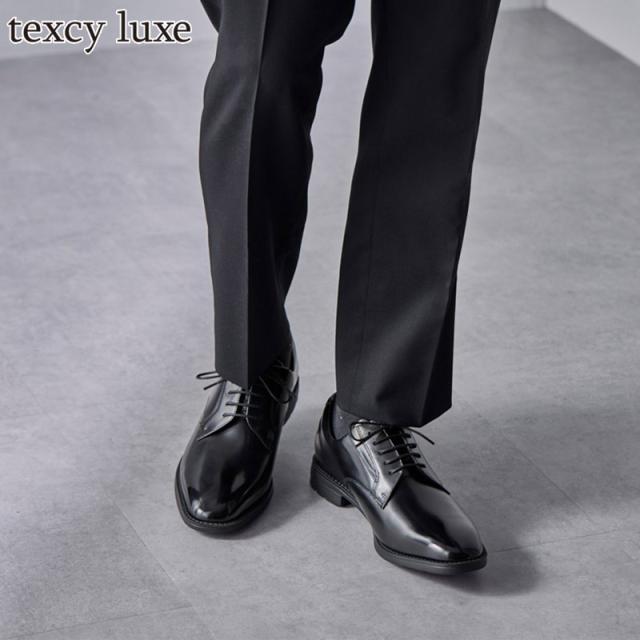 3E相当 幅広 ワイド テクシーリュクス メンズ ビジネス 靴 シューズ 本革 軽量 抗菌 消臭 MOFF 歩きやすい プレーントゥ 外羽根 通勤 オフィス ブラック 黒 送料無料 texcy luxe TU7044