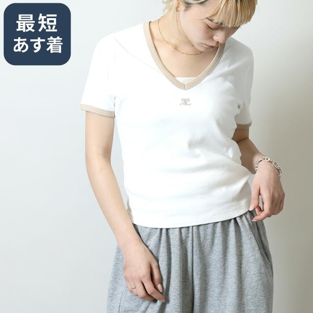 【クーポン5%OFF】クレージュ／COURREGES CONTRAST V NECK T-SHIRT・コントラストVネックTシャツレディース・半袖ティーシャツ・ブイネック(ホワイトヘリテージ*サンド) 224JTS137 JS0070 B131／WHITE HERITAGE*SAND[返品無料]