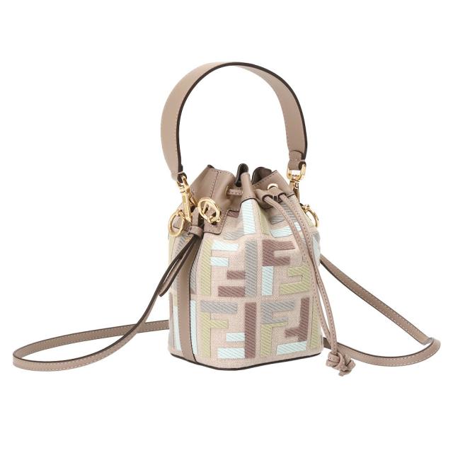 【タイムセール&クーポン5%OFF】 フェンディ／FENDI MON TRESOR MINI・モン トレゾールミニ 巾着型ショルダー&ハンドバッグ・クロスボディ・FF刺繍ファブリック 2WAYミニバッグ (グレージュマルチ) 8BS093 AUPI F1SKI／GRIGE MULTI[返品無料]