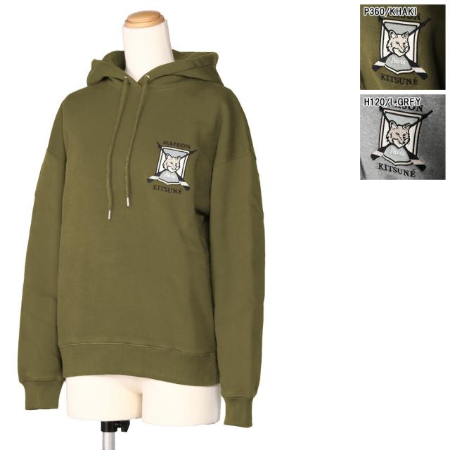 【タイムセール&クーポン5%OFF】メゾンキツネ／MAISON KITSUNE COLLEGE FOX EMBROIDERED COMFORT HOODIE レディース ・長袖裏起毛パーカー・フーディ— (ライトグレーメレンゲ・カーキ) LW00702KM0307 H120・P360／LIGHT GREY MELANGE・KHAKI[返品無料]