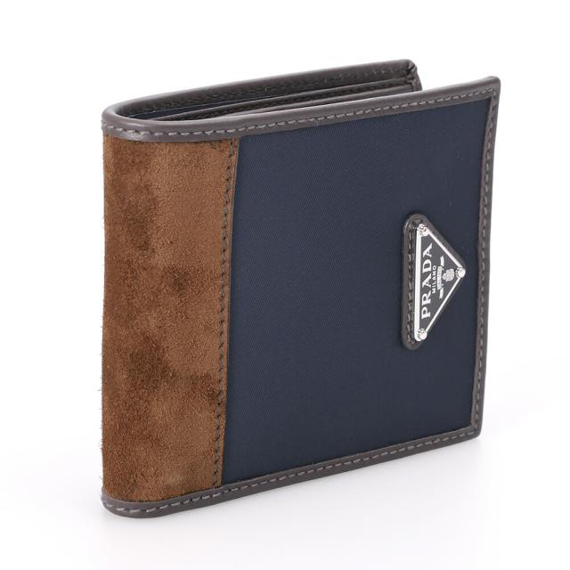 【タイムセール&クーポン5%OFF】プラダ／PRADA Re-Nylon xレザー 財布 トライアングルロゴ・二つ折り財布・コンパクトウォレット・札入れ(ネイビー×ダークブラウン) 2MO513 POLIAMMIDE(384) F0C1B／NAVY*BROWN[返品無料]