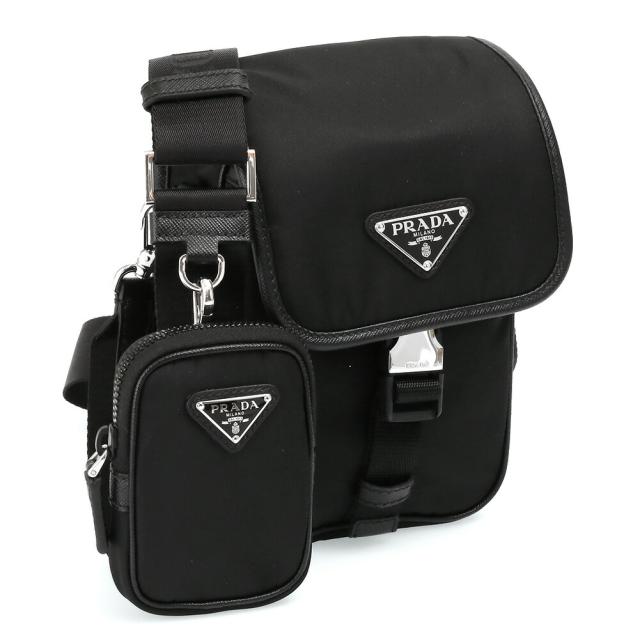 【クーポン5%OFF】プラダ／PRADA Re-Nylon xレザー トライアングルロゴ ポーチ ポーチ付き斜めがげショルダーバッグ・クロスボディ(ブラック) 2VD043 TESSUTO+SAFFIANO(2DMH XOP)NERO[返品無料]