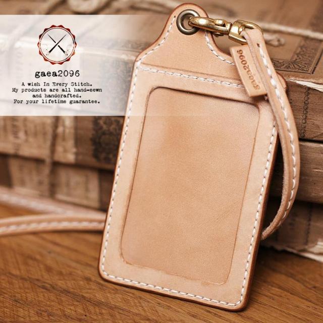IDカードホルダー ヌメ革 サドルレザー  革ケース 栃木レザー 手縫い オーダーメイド 職人 ネックストラップ付 社員証入れ ガイア2096