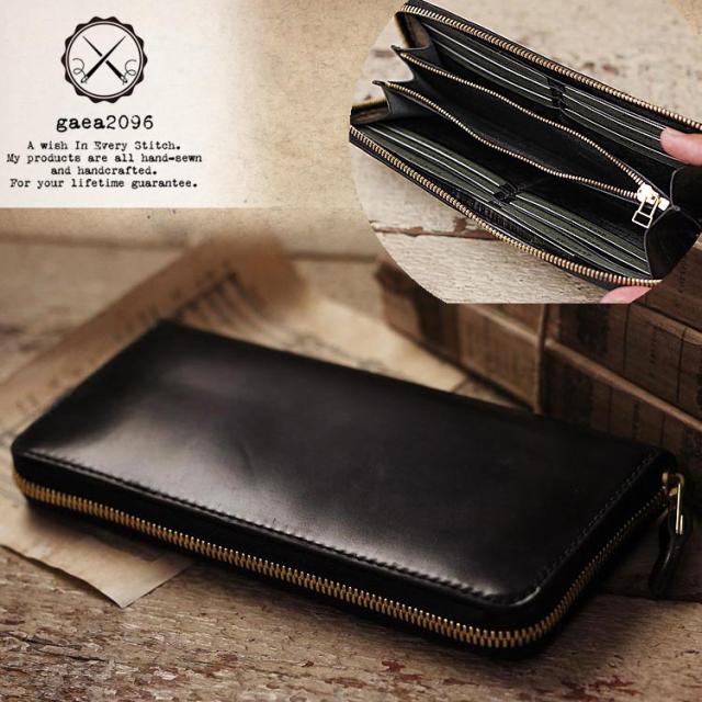 シェルコードバン ラウンドファスナー 長財布 ロングウォレット 革財布 ラウンドジッパー 手作り 手縫い 日本製  ガイア2096