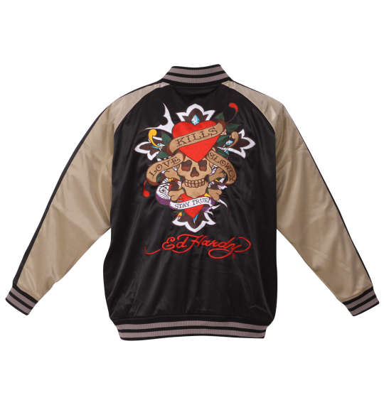 大きいサイズ メンズ Ed Hardy 刺繍 スカジャン ブラック × ベージュ 1273-4120-1 3L 4L 5L 6L