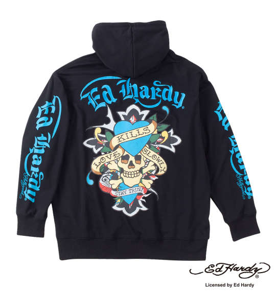 大きいサイズ メンズ Ed Hardy 裏毛 刺繍 & プリント フルジップ パーカー ブラック 1278-4641-2 3L 4L 5L 6L