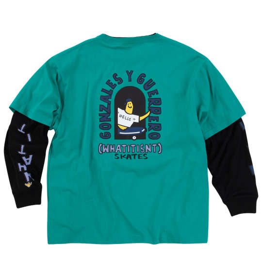 大きいサイズ メンズ (What it isNt) 半袖T × 長袖T レイヤード Tシャツ エメラルド × ブラック 1278-4695-3 3L 4L 5L 6L 8L