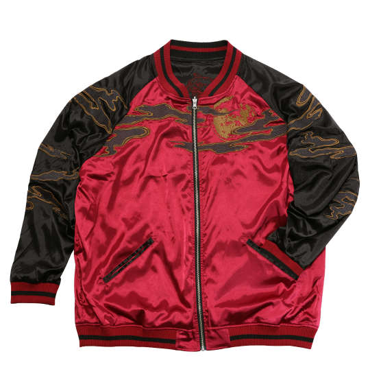 大きいサイズ メンズ 絡繰魂 猫又 リバーシブル スカジャン ワイン×ブラック 1253-5300-1 3L 4L 5L 6L